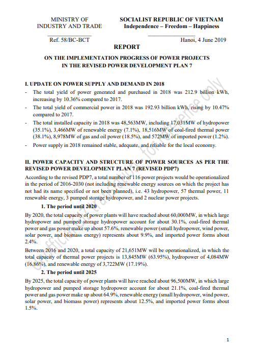 MOIT Report 58/BC-CBT on the Implementation Progress of Power Projects in the Revised PDP7 - ESP